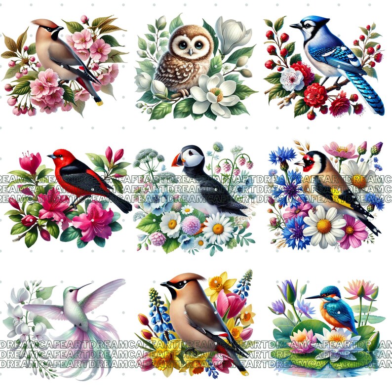 Floral Birds Clipart Bundle -90 Pngs | Blossom Bird Graphics | Colorful ...