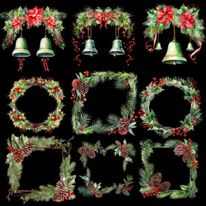 25 Watercolor Christmas Frames Clipart, Merry Christmas Holiday Wreath ...