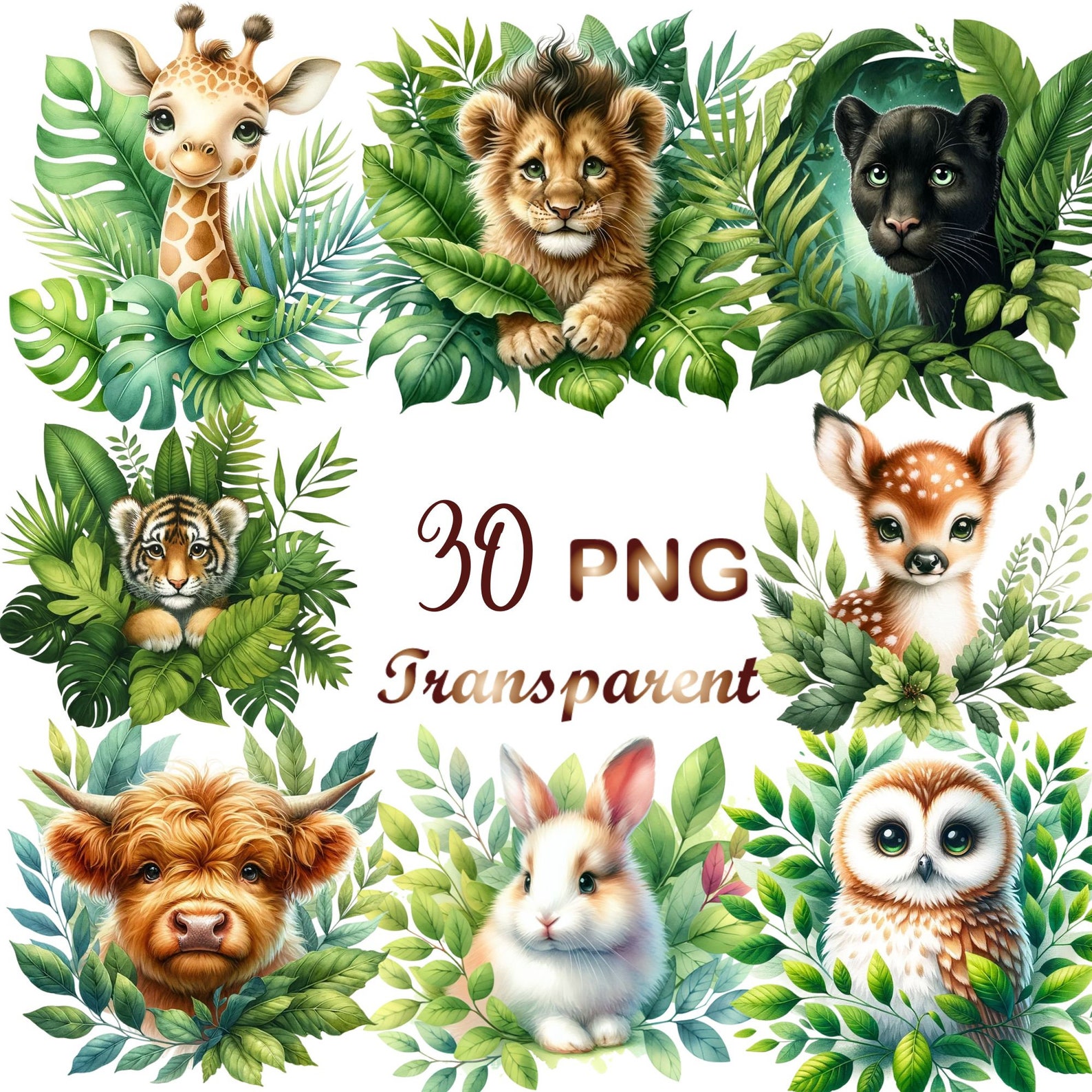 30 PNG, Watercolor Baby Animals in Leaves Clipart, Safari Animals ...