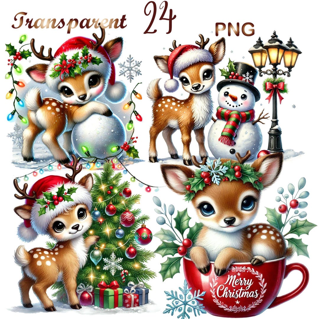 24 PNG Set 2 Christmas Reindeer Clipart Bundle, Festive Reindeer ...