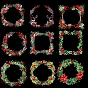 25 Watercolor Christmas Frames Clipart, Merry Christmas Holiday Wreath ...