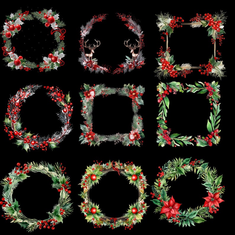 25 Watercolor Christmas Frames Clipart, Merry Christmas Holiday Wreath ...