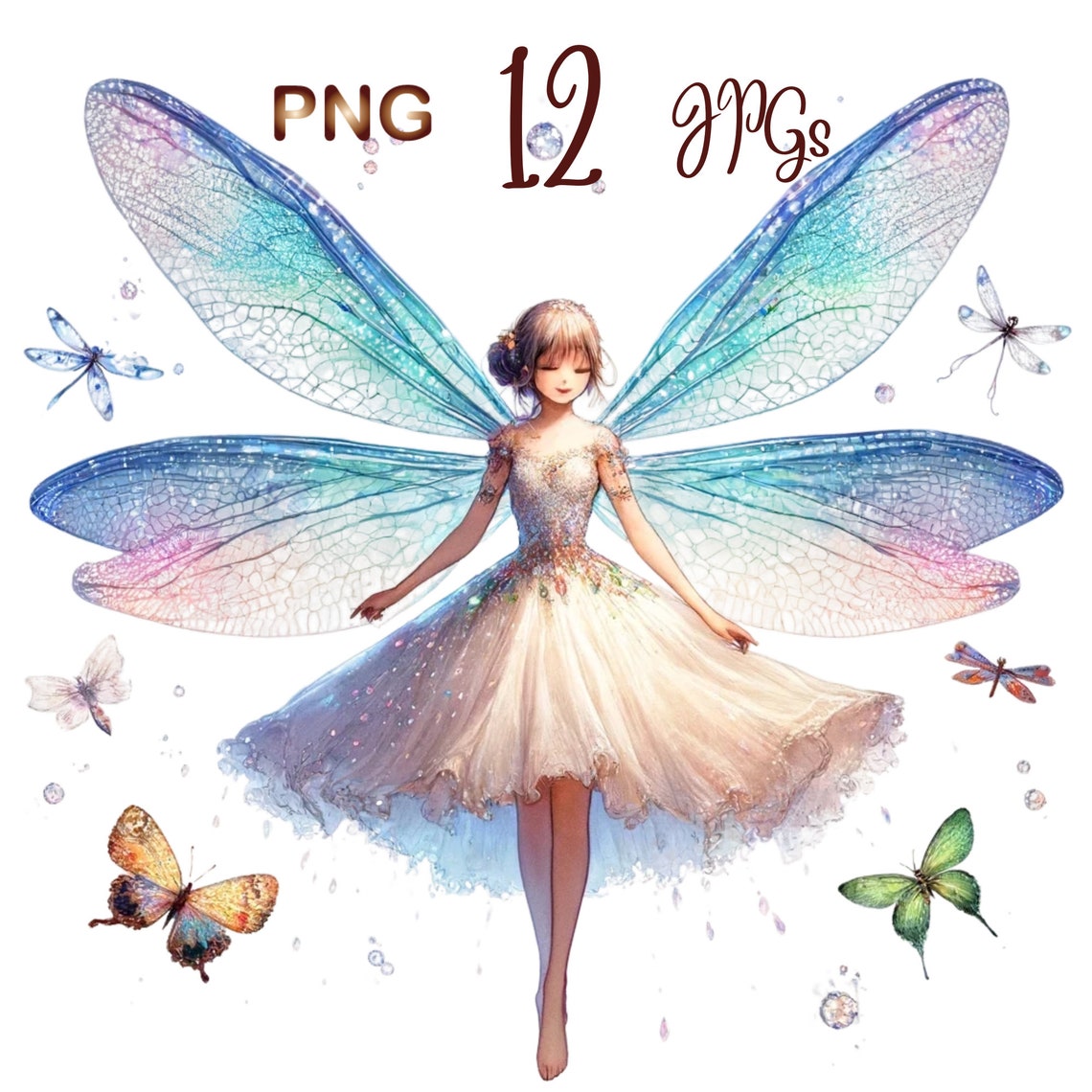 12 PNG JPG, Magical Fairy Dragonfly Clipart Bundle, Watercolor, Digital ...