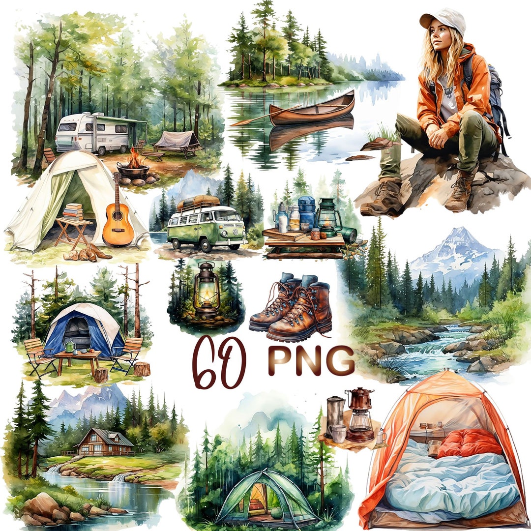 60 PNG Watercolor Camping Clipart,tent, Campfire, Lantern, Backpack ...