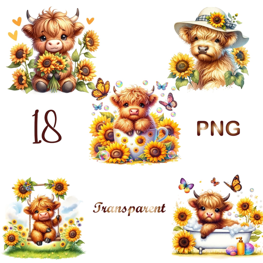 18 PNG, Watercolor Sunflower Highland Cows Collection Clipart,set2 ...