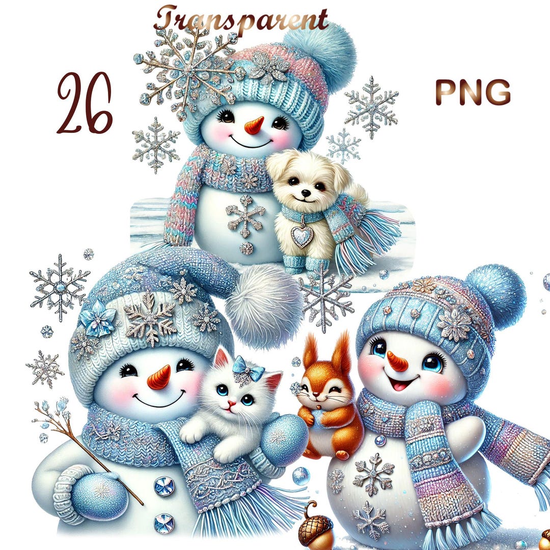 26 PNG Christmas Pastel Blue Snowman Bundle Clipart, Festive Snowmen ...