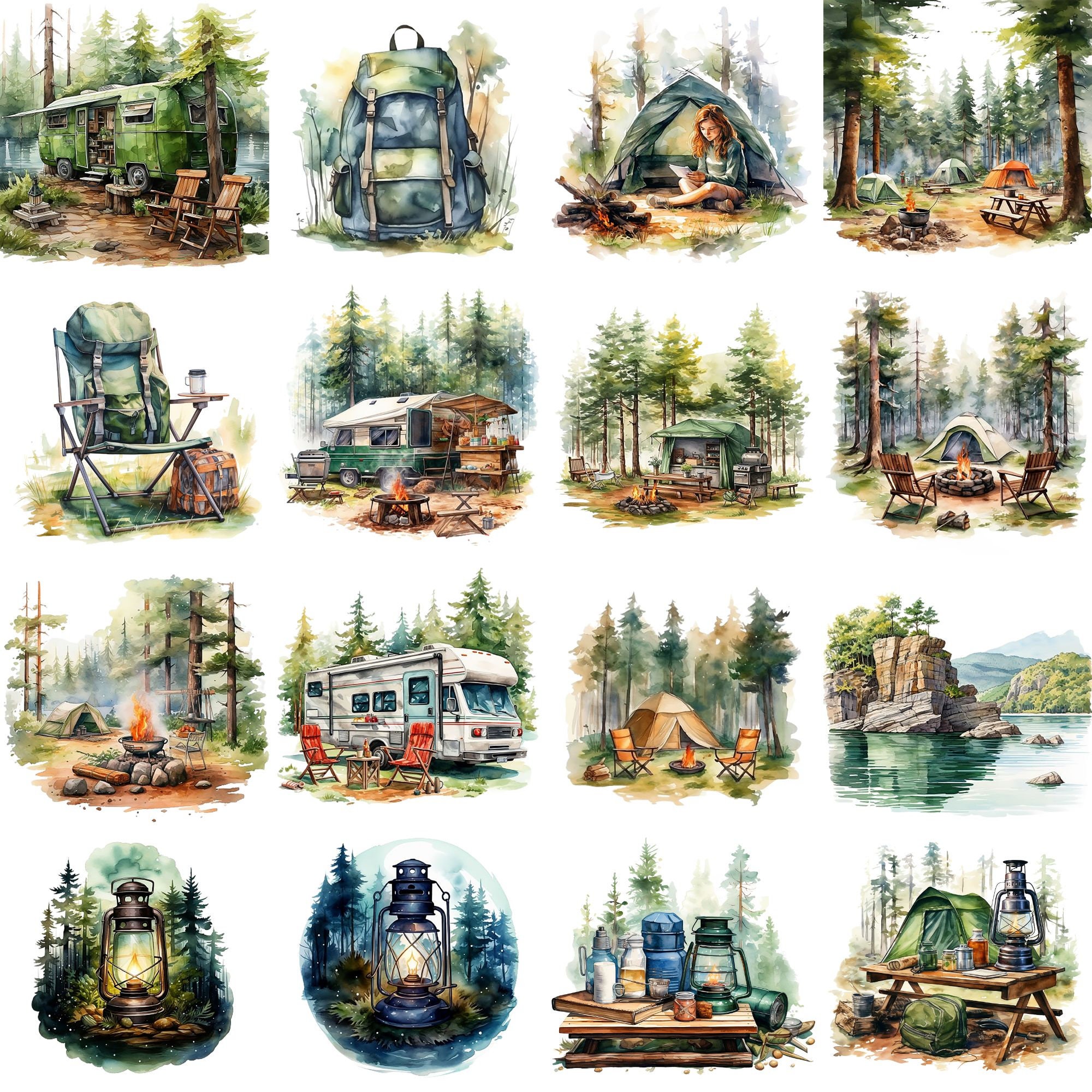 60 PNG Watercolor Camping Clipart,tent, Campfire, Lantern, Backpack ...