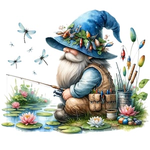 12 PNG, Watercolor Fishing Gnome Clipart PNG, Fishing Clipart Bundle ...