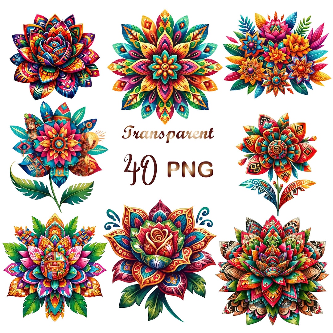 40 PNG, Mexican Flowers Clipart Bundle, Aztec Mexican Flowers Clipart ...