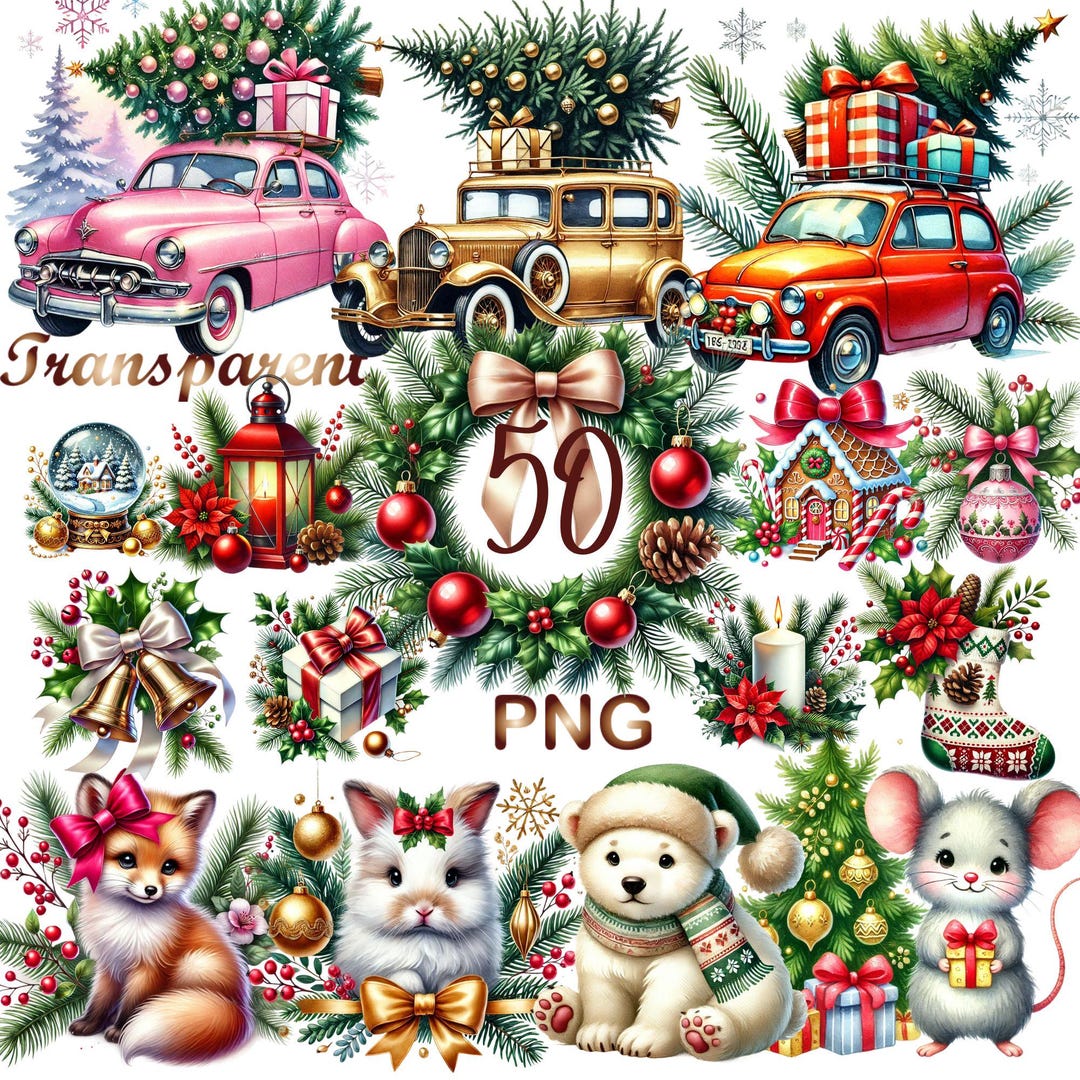50 PNG, Watercolor Merry Christmas Clipart, Xmas Holiday Clipart ...