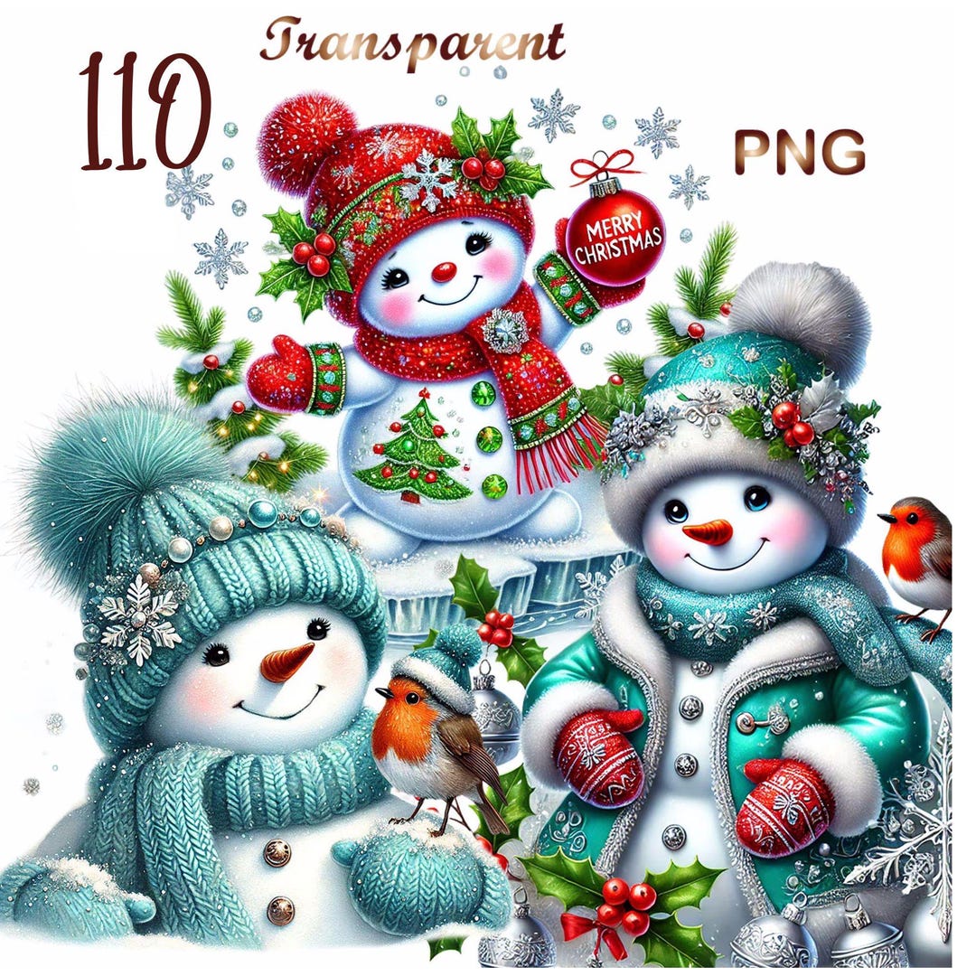 Christmas Snowman Bundle Clipart, 110 PNG Festive Snowmen Graphics ...