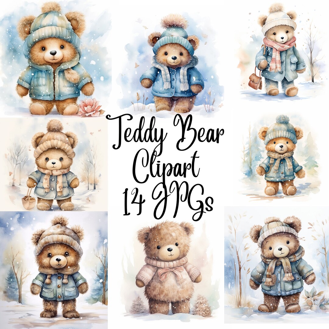 14 Christmas Teddy Bear Clipart Jpgs, High Quality, Digital Planner, Paper Crafts, Watercolor ...