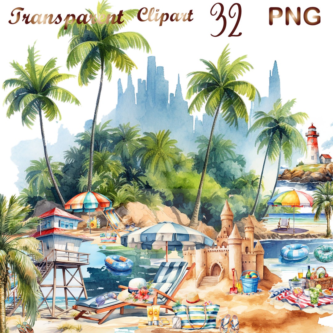 Summer on the Beach, Ocean Travel Digital Beach Clipart, Watercolor ...