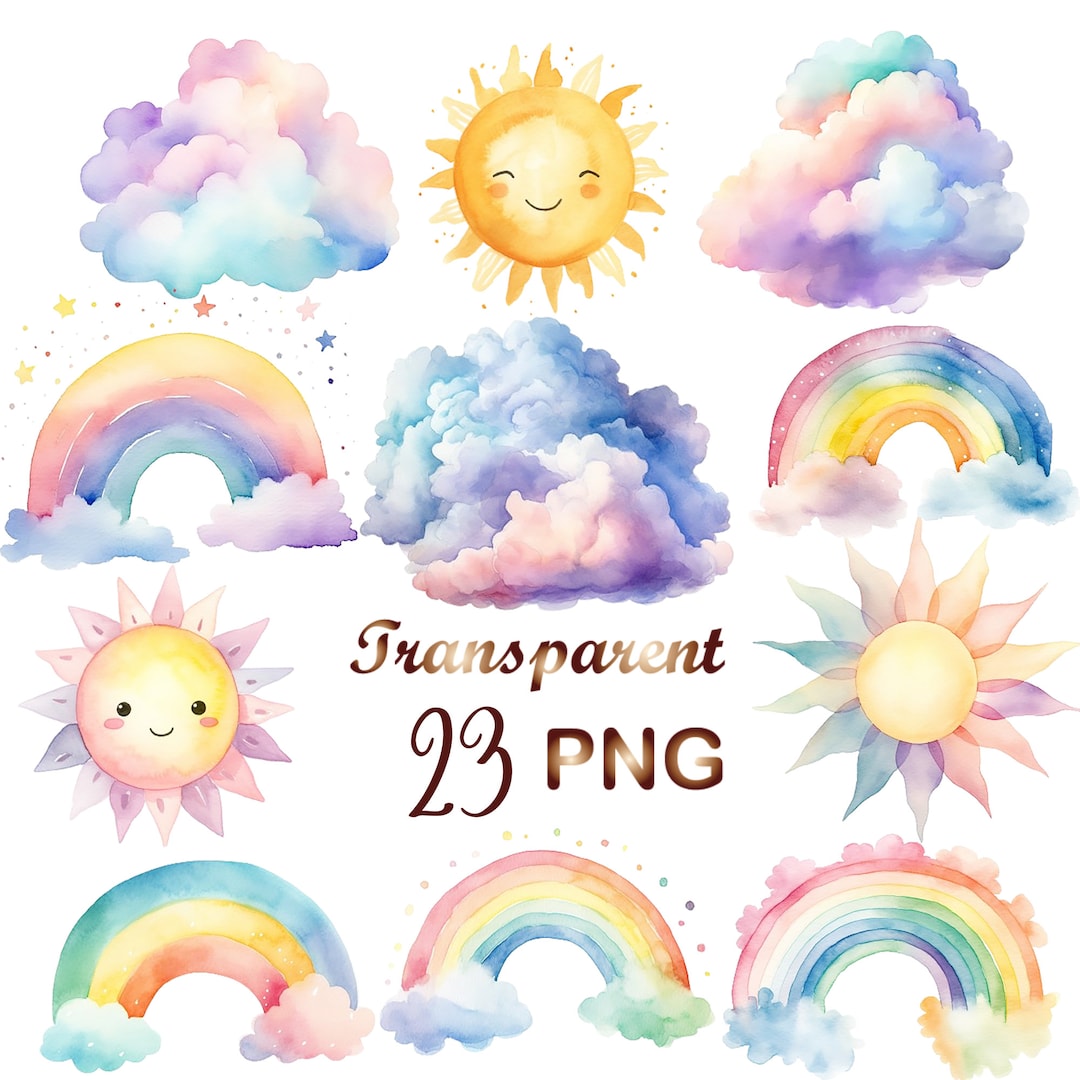 23 Watercolor Pastel Rainbow Clipart Bundle Png,sun,clouds,rainbow Png,digital Download ...