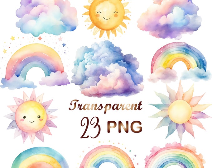 Pastel Rainbows Clipart Set - Rainbows, Clouds, Sun, Hearts, Rain ...