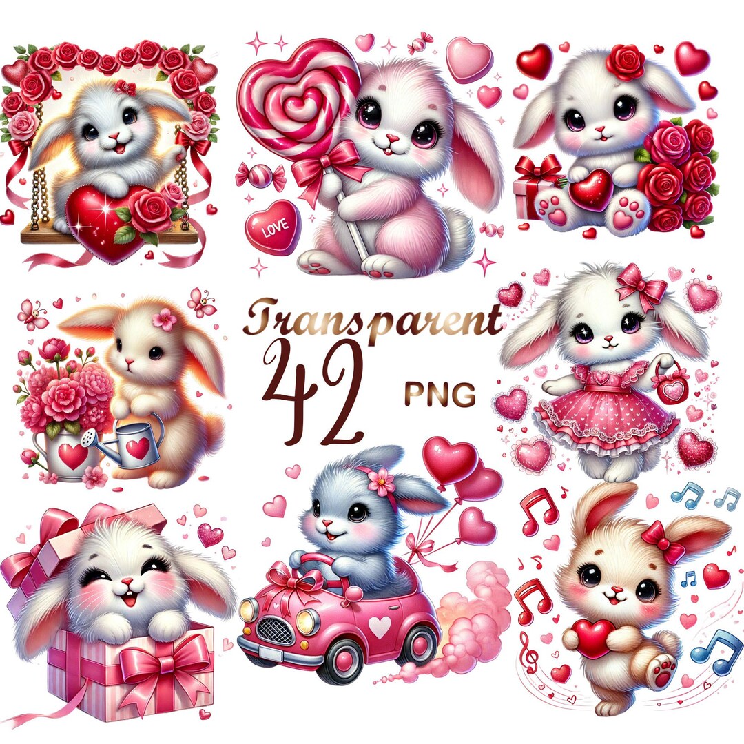 Valentine Bunny Clipart Bundle – 42 Cute Pngs Rabbits, Hearts, Roses ...