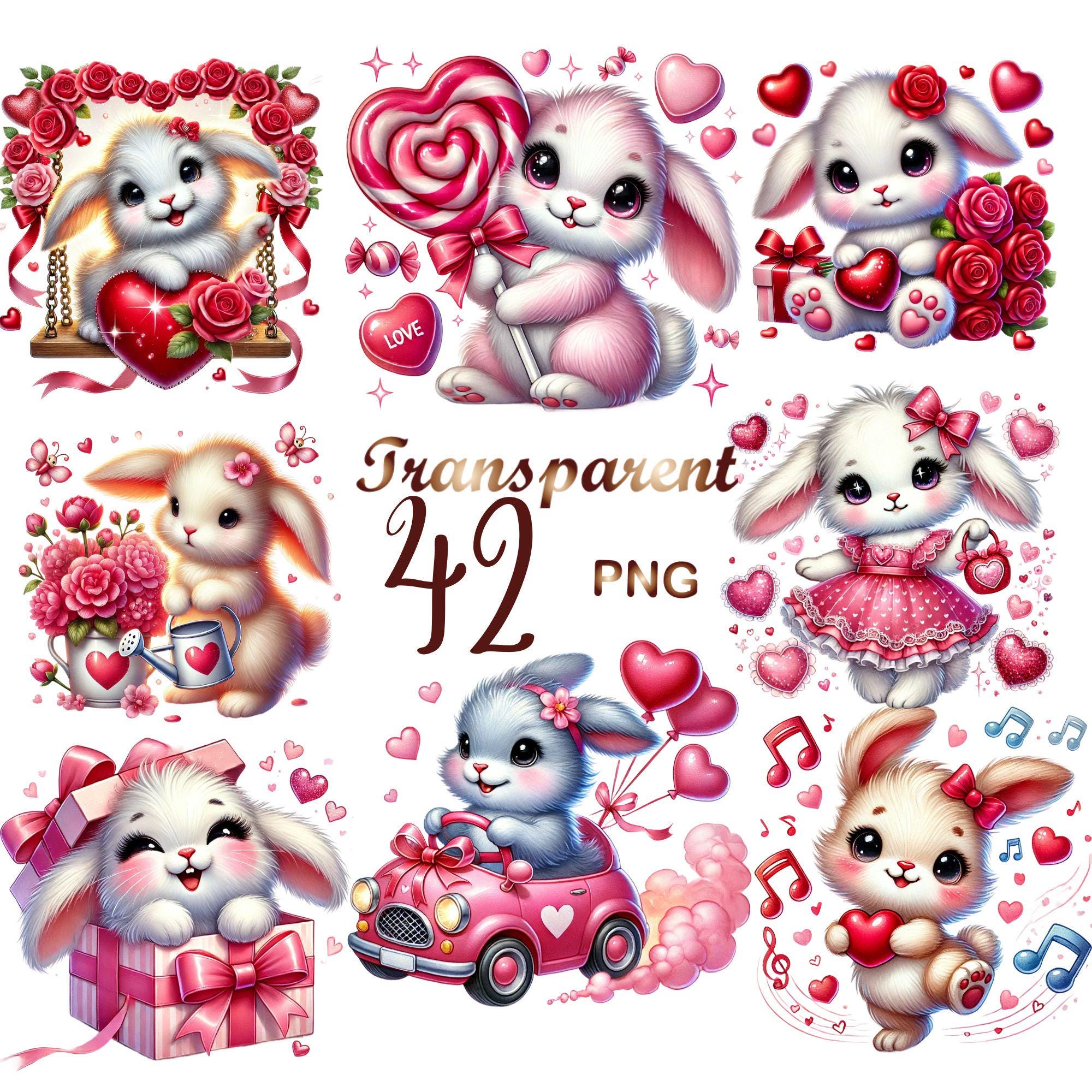 Valentine Bunny Clipart Bundle – 42 Cute Pngs Rabbits, Hearts, Roses ...