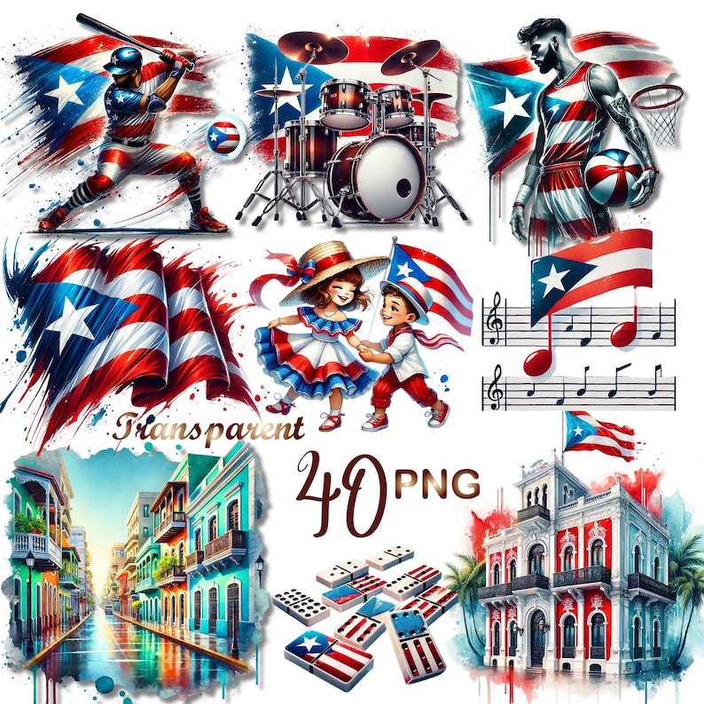 40 PNG Puerto Rico Clipart Bundle – Glossy Watercolor Illustrations of ...