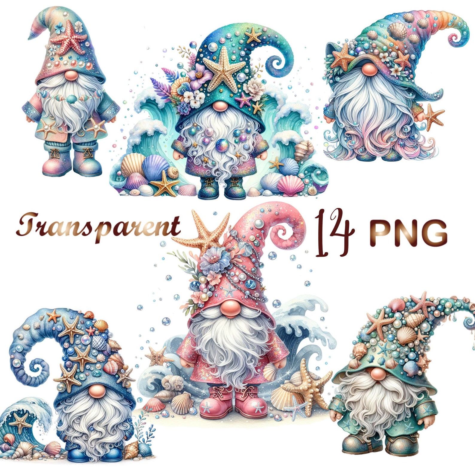 14 PNG, Beach Gnome Clipart Bundle, Cute Beach Gnome, Summer Watercolor ...