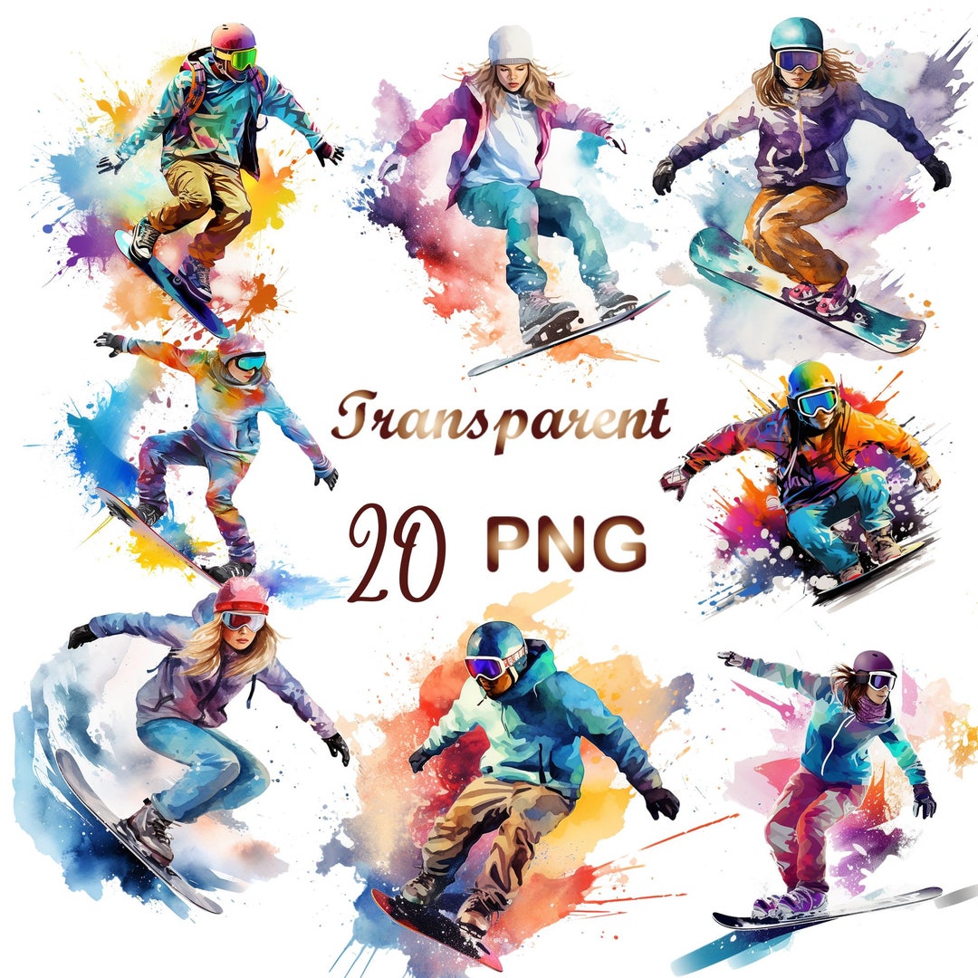 20 Watercolor Snowboarding Clipart PNG, Format For, Commercial Use ...