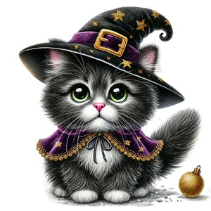 26 PNG, Cute Witch Cat Clipart Bundle, Witch Cat Clipart, Watercolor ...