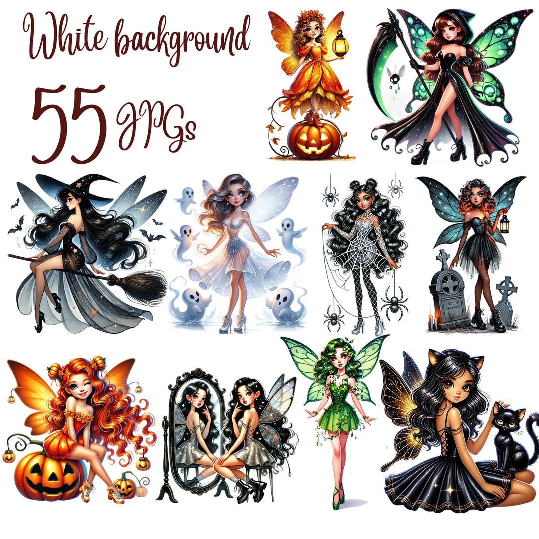 55 Jpgs, Halloween Fairy Clipart Bundle, Cute Halloween Fairy Clipart ...