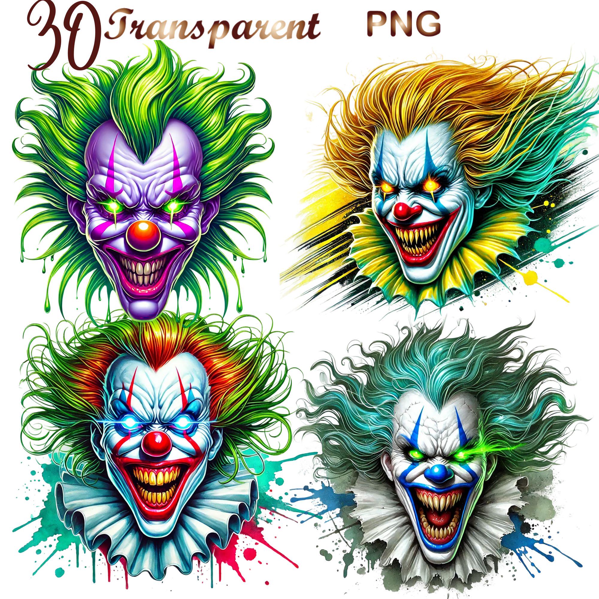 30 PNG Set 1 Psycho Clowns Clipart, Creepy Clown Graphics Designs ...