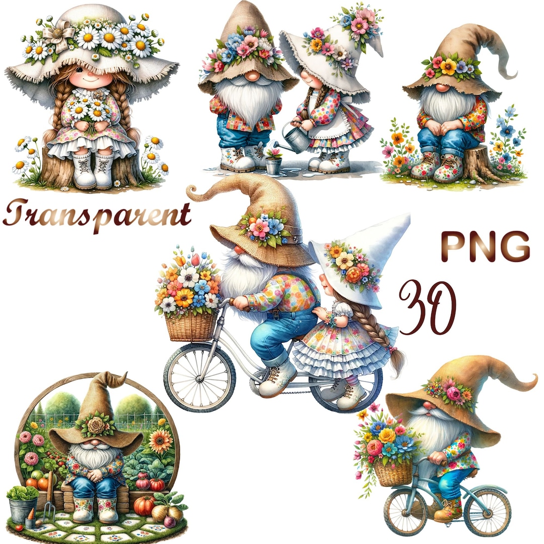 30 PNG, Watercolor Gnomes Garden Collection Clipart Bundles,gnome With ...