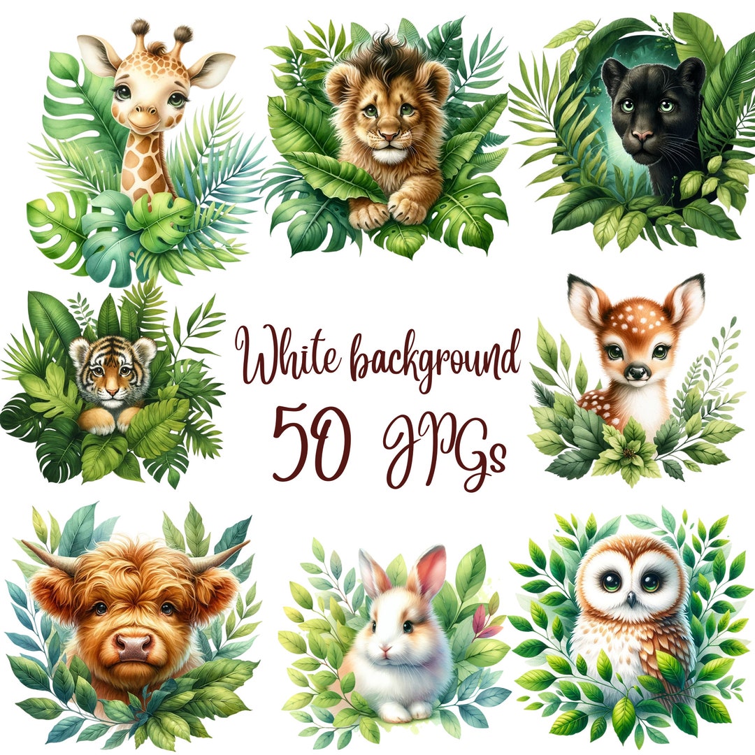 50 Jpgs, Watercolor Baby Animals in Leaves Clipart, Safari Animals ...
