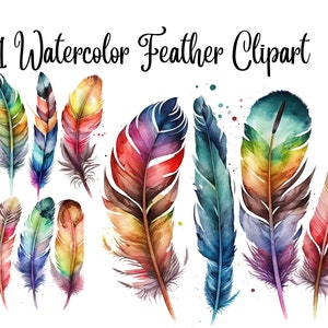 11 Watercolor Feather Clipart, Exotic Boho Feathers, Bohemian Clip Art ...