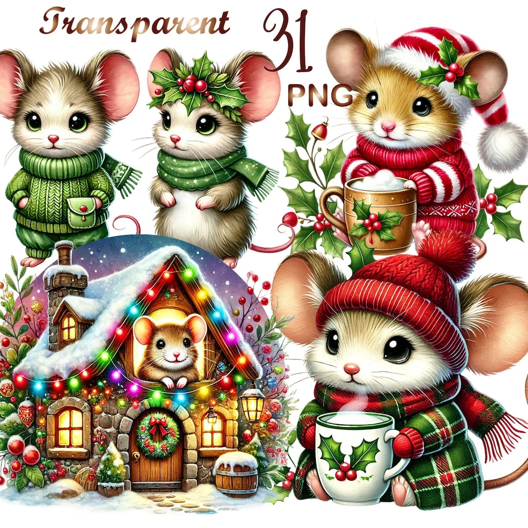 31 PNG, Christmas Mice Clipart Bundle,set 4,holiday Mouse Graphic ...