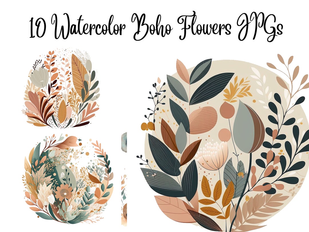 10 Boho Flowers Clipart, Boho Clipart, Jpgs, Commercial Use, Digital ...