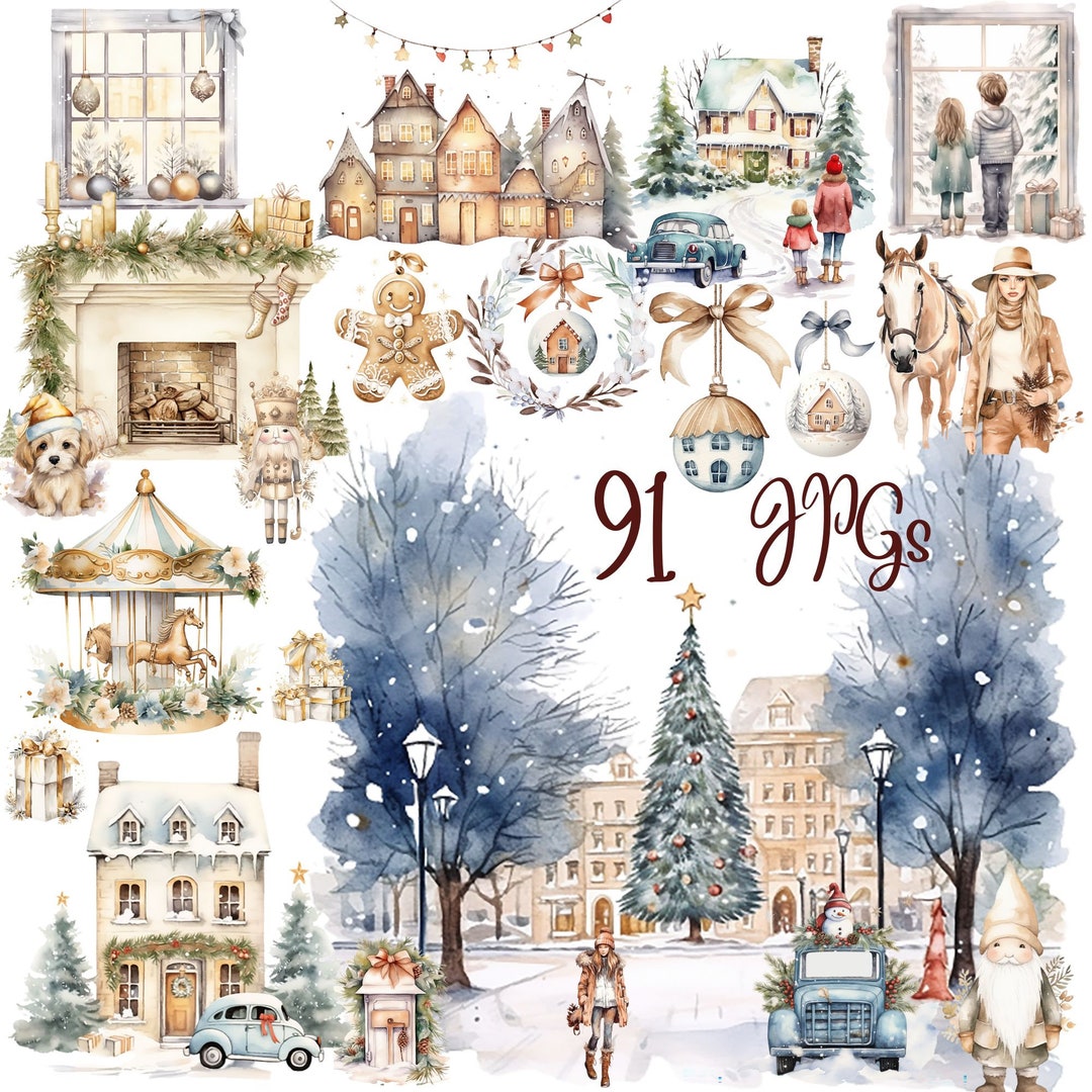 91 Watercolor Christmas Clipart, Jpgs, Winter Houses, Cozy Clipart ...