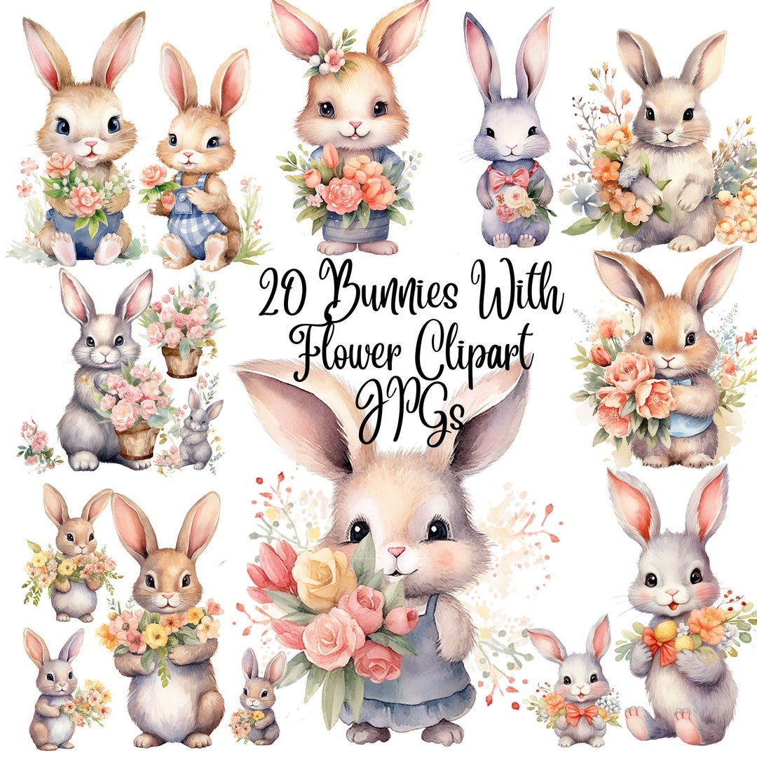 20 Bunnies With Flower Clipart Jpgs, Commercial Use,digital Download ...