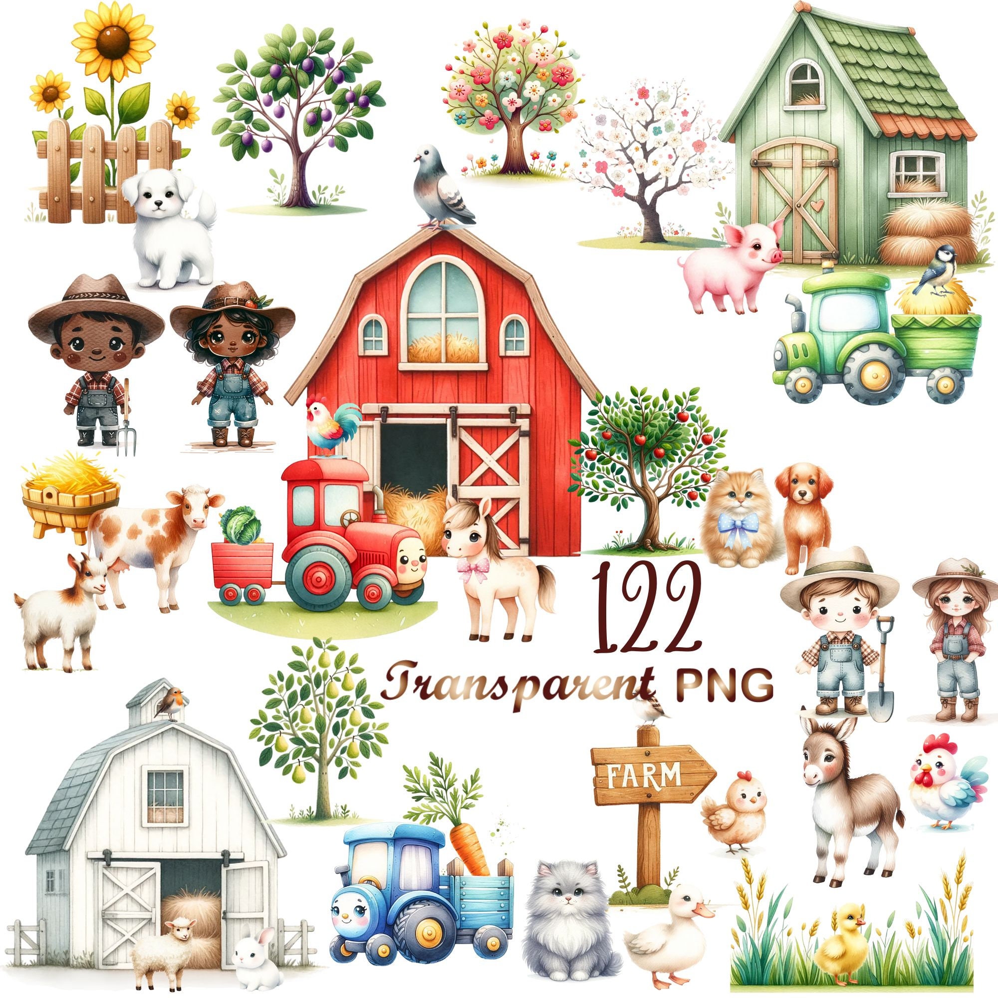 122 PNG Watercolor Farm Animals Clipart Bundle, Cute Farm Clipart, Farm ...