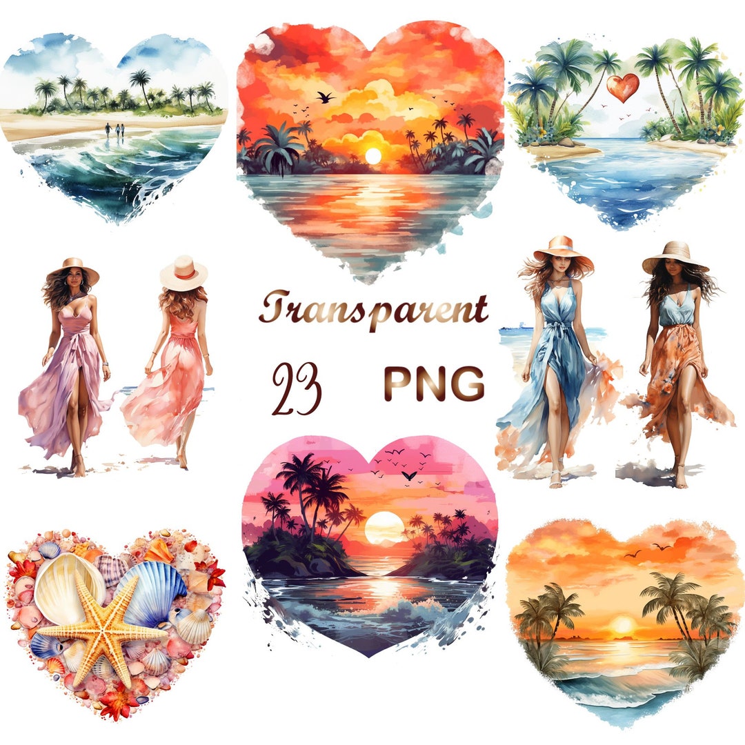 23 Watercolor Retro Beach Clipart Png, Beach Clipart Bundle,retro Style ...