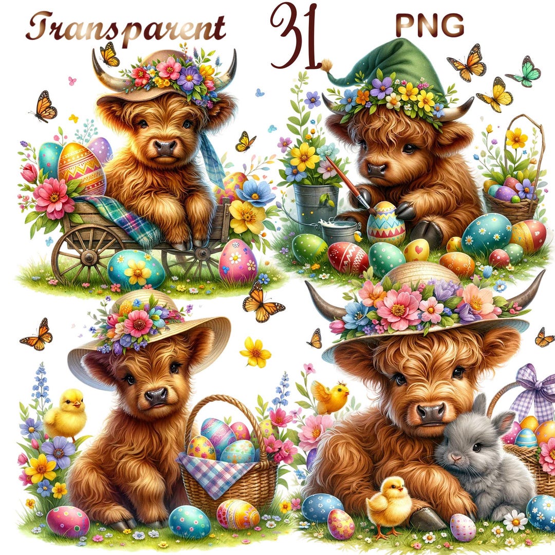 31 PNG Easter Highland Cow Collection Clipart, Spring Highland Cow ...