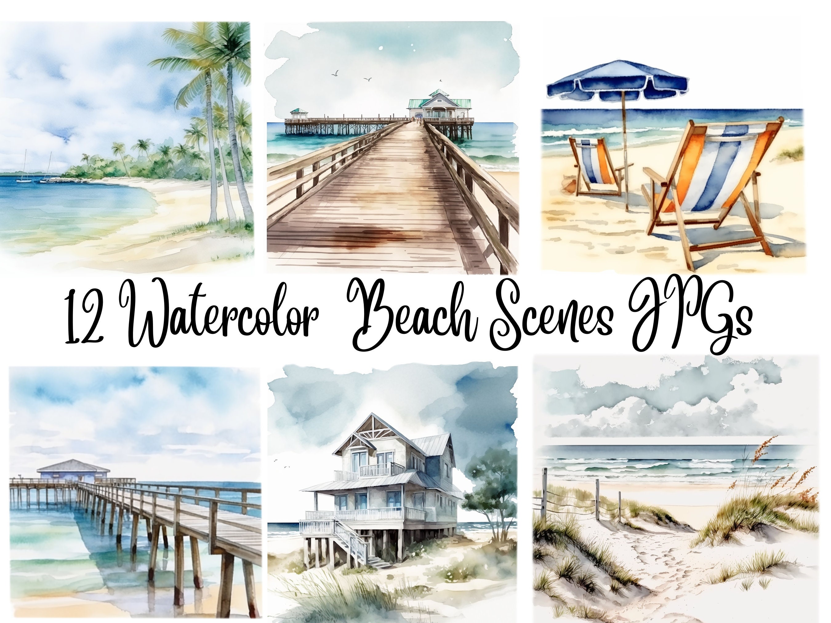 10 Beach Views Watercolor Clipart, High Quality Jpgs,commercial Use ...