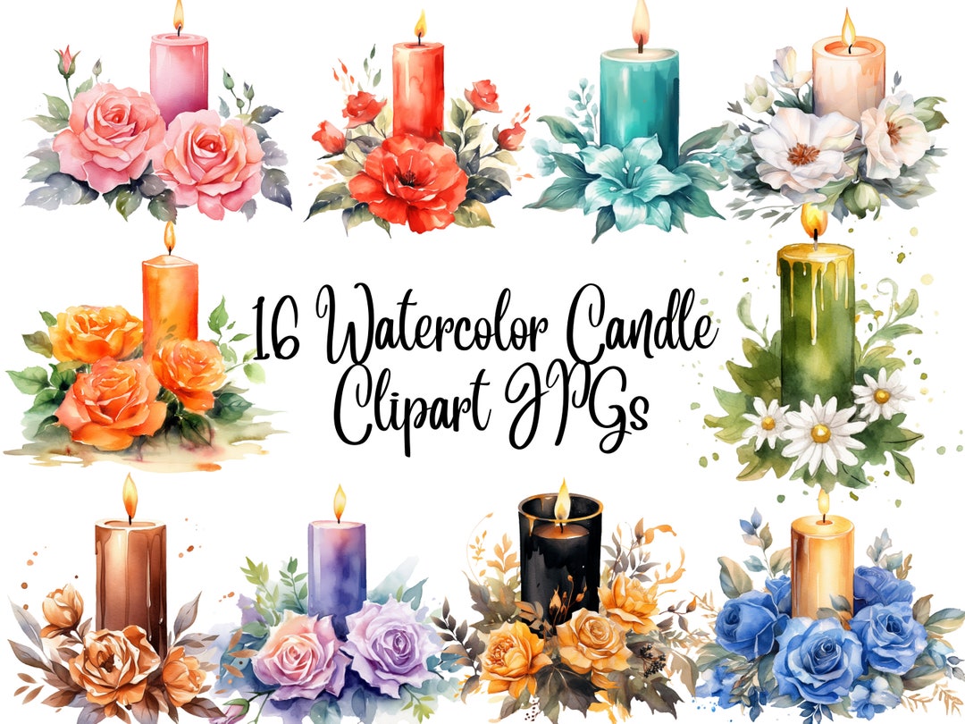 16 Watercolor Candle Clipart Jpgs Floral Candle - Etsy