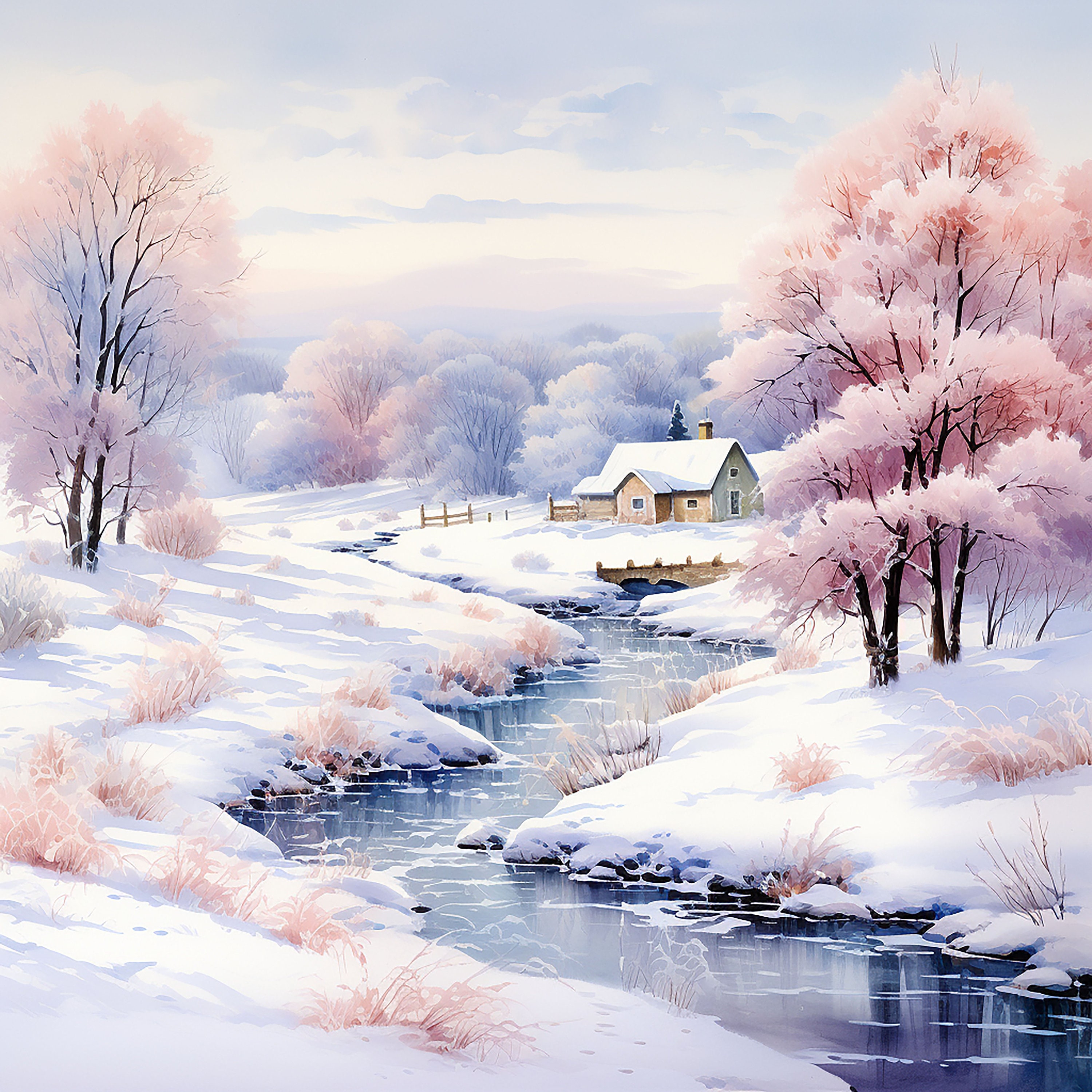 30 Watercolor Printable Winter Village Landscape Digital Paper Set ...