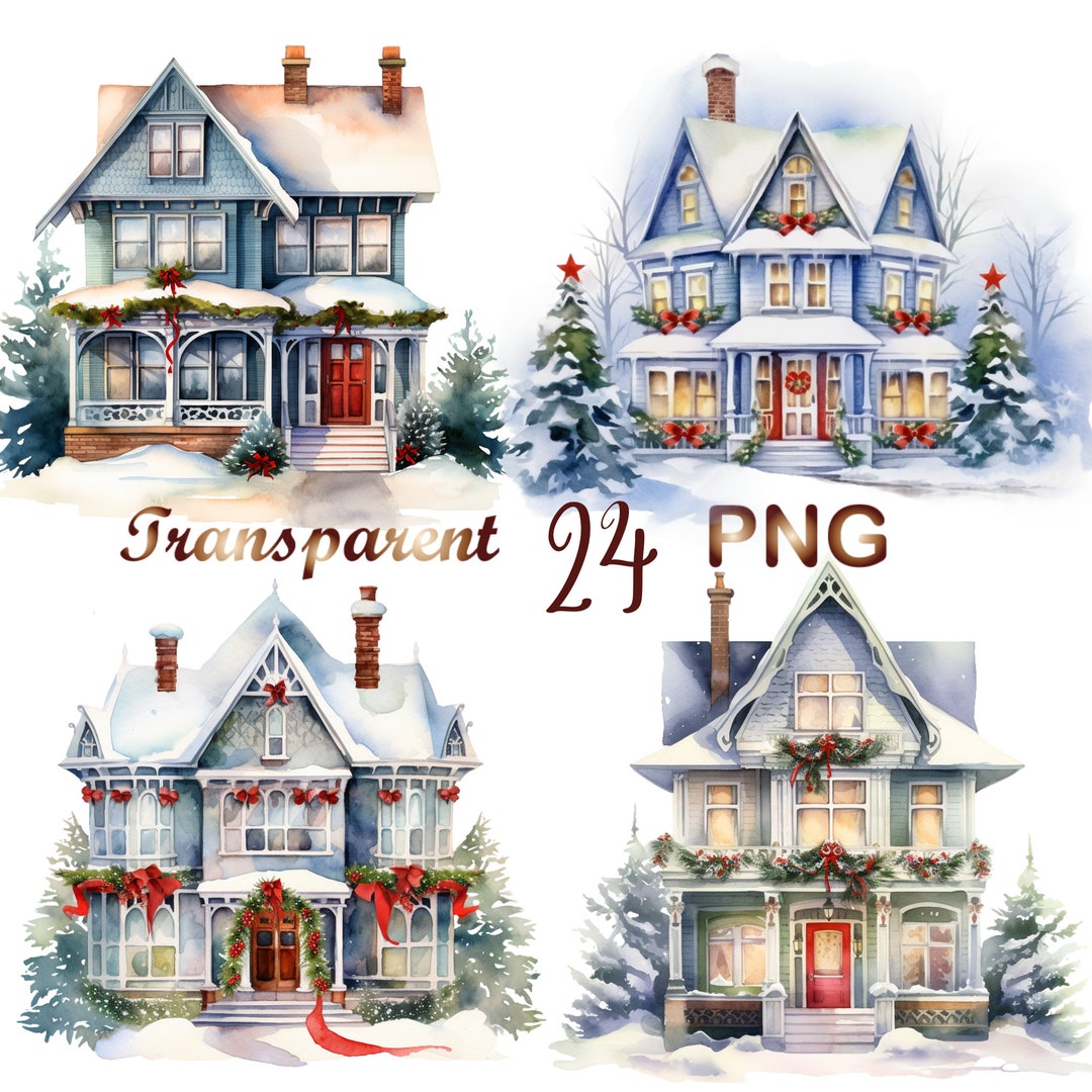 24 Watercolor Christmas House Png,christmas Png, Christmas Sublimation ...