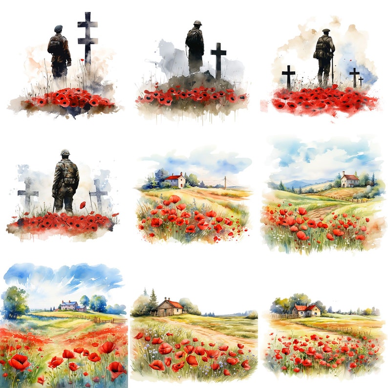 30 Remembrance Day Scene Clipart, Jpgs, Scarlet Poppies, Digital ...