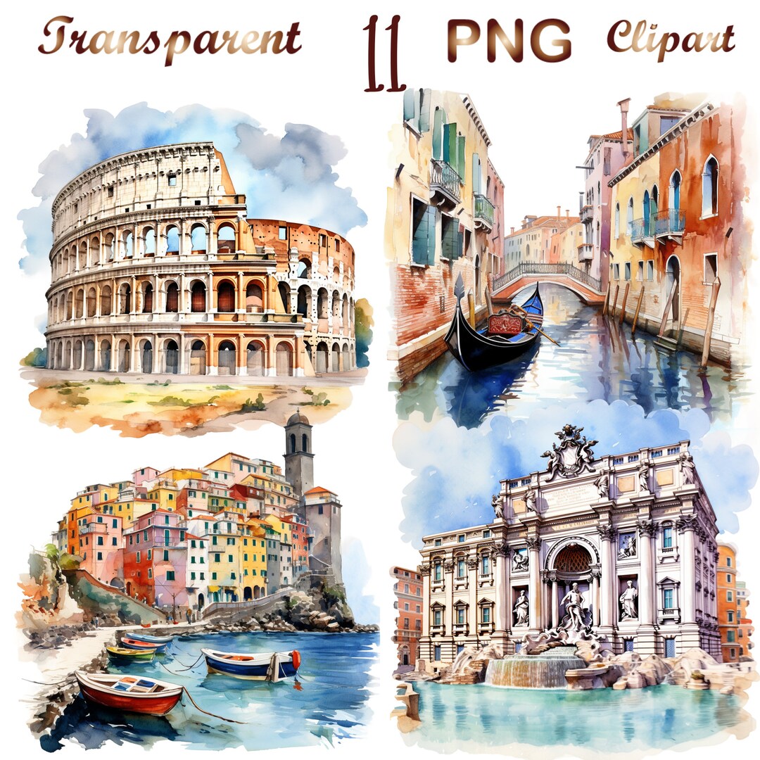 Watercolor Italy Landmarks Clipart: Italian Travel PNG (digital ...
