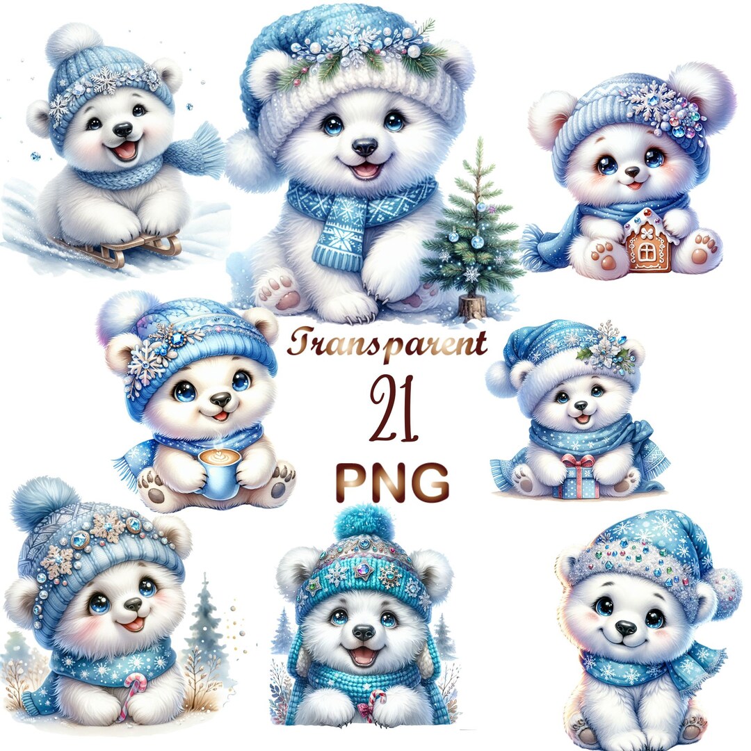 21 PNG, Christmas Polar Bear Clipart Bundle, Polar Bear Clip Art, Cute ...