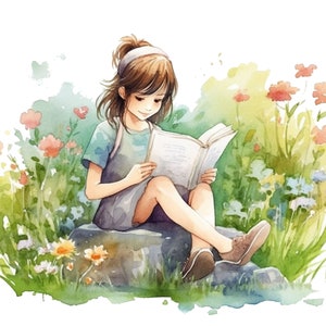 12 Girl Reading Watercolor Clipart Png,student Girl Clipart Png, Girl ...