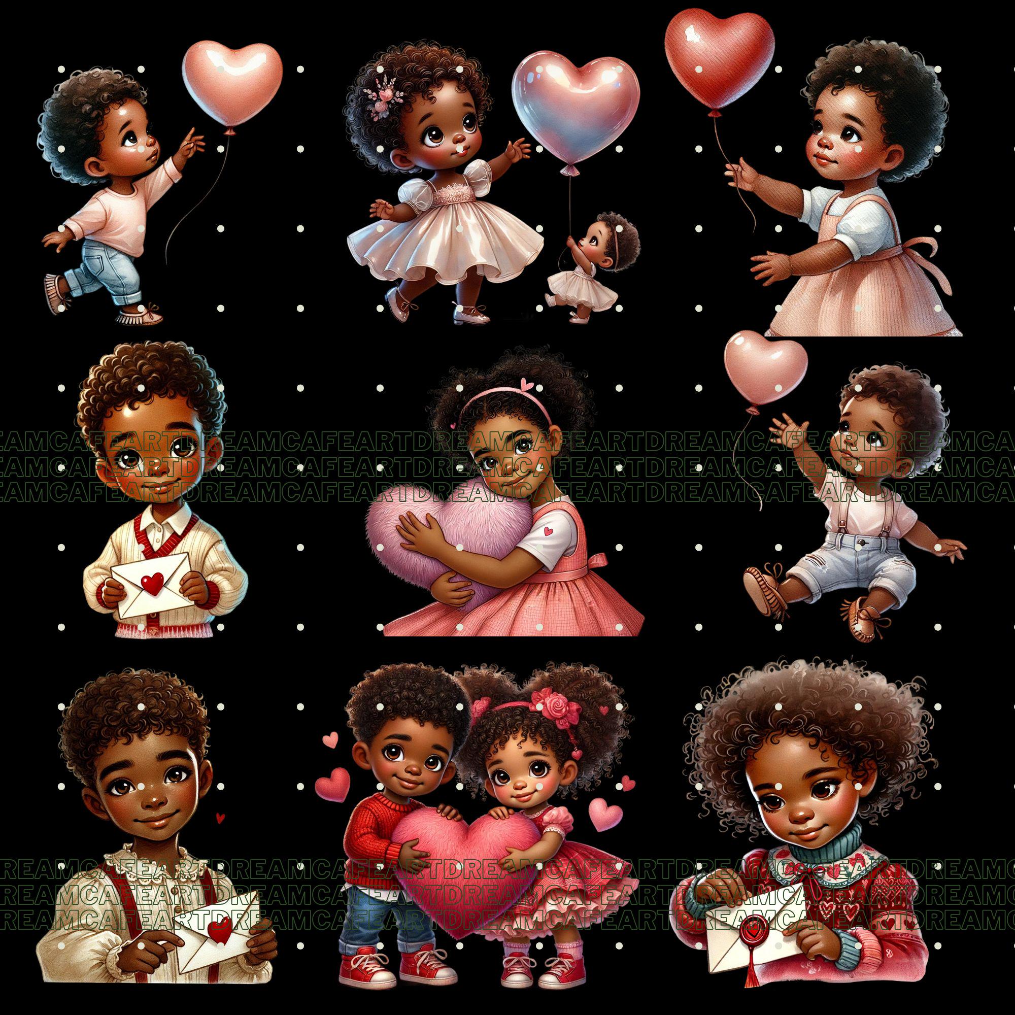Afro American Valentine Kids Clipart Bundle, 93 PNG Cute Boys and Girls ...