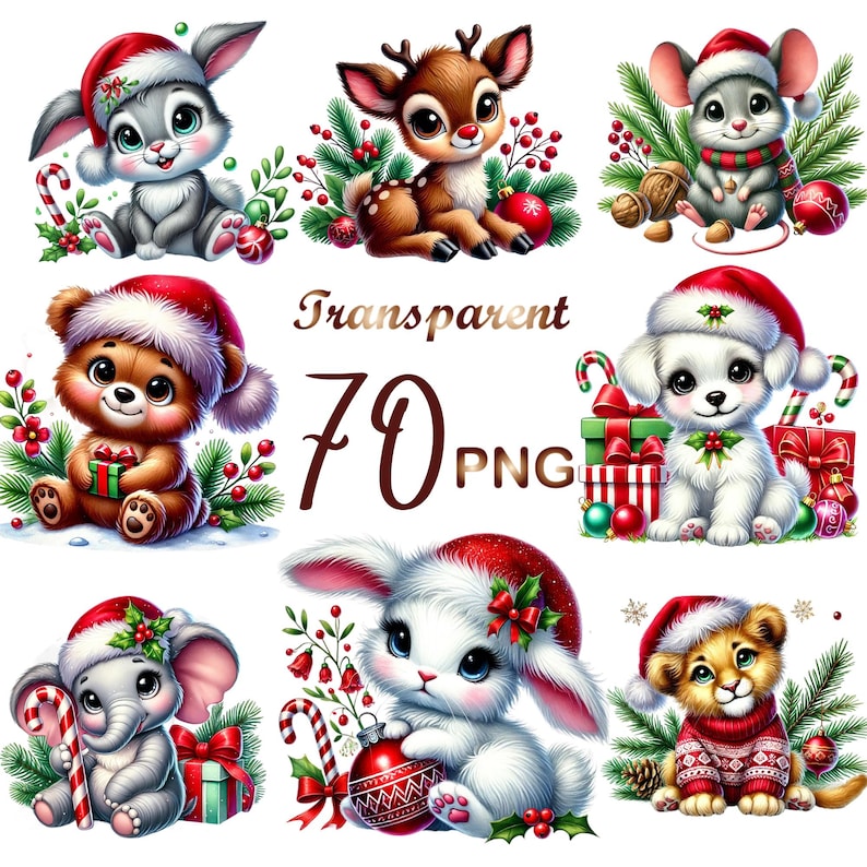 70 Png,cute Christmas Animals Clipart Bundle,winter Animals Clipart ...