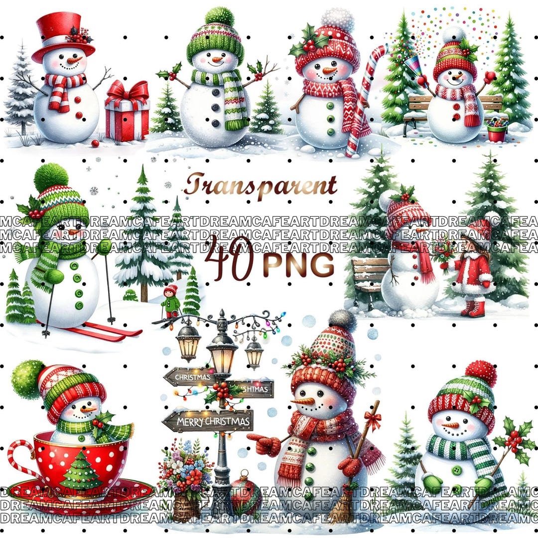 40PNG Watercolor Snowman Cuteness Clipart Bundle, Christmas Holiday ...
