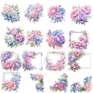 65 Pastel Peony Flowers Clipart, Watercolor Floral Bouquets,high ...