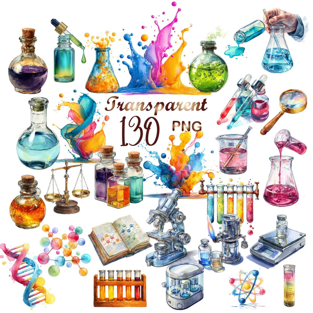 Watercolor Science Lab Clipart Bundle – 130 PNGs | Chemistry, STEM ...